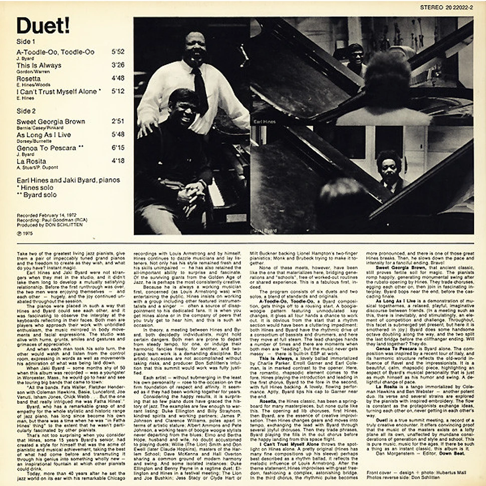 Earl Hines / Jaki Byard - Duet - Vinyl LP - 1975 - DE - Original | HHV