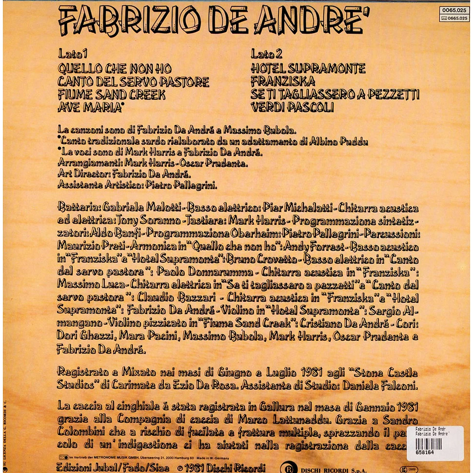 Fabrizio De André - Fabrizio De Andre' - Vinyl LP - 1981 - DE ...