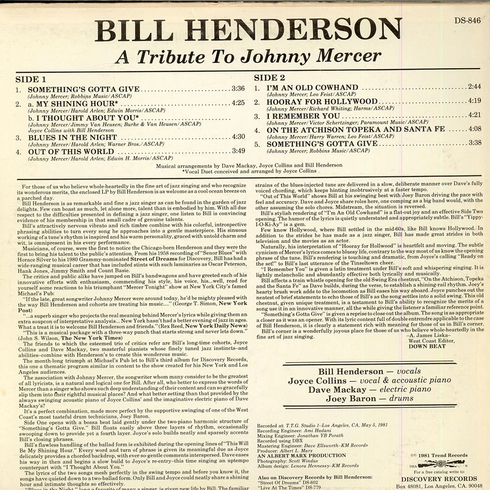 Bill Henderson - A Tribute To Johnny Mercer - Vinyl LP - 1981 - US ...