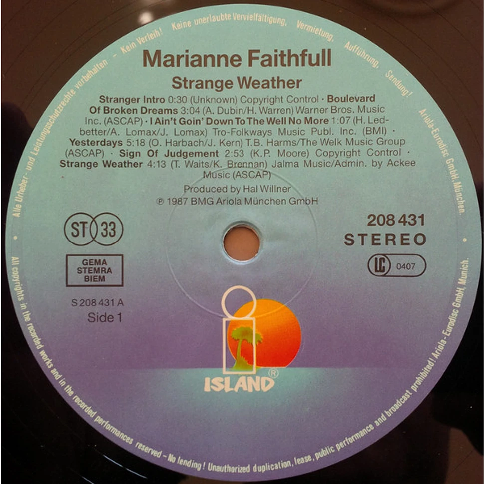 Marianne Faithfull - Strange Weather - Vinyl LP - 1987 - EU - Original ...