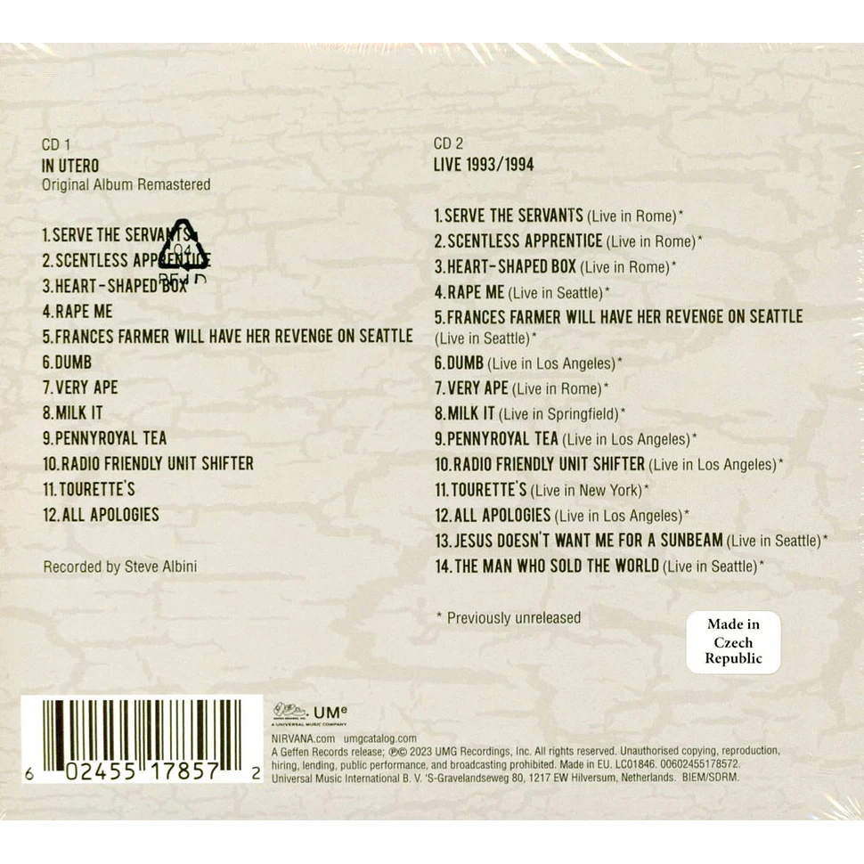 Nirvana - In Utero Original Album & Bonus Tracks - 2CD - 1993 - EU ...