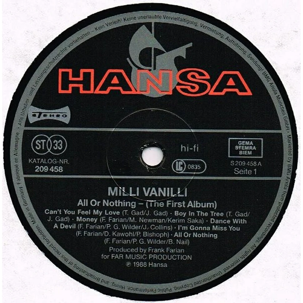 Milli Vanilli - All Or Nothing (The First Album) - Vinyl LP - 1988 - EU ...