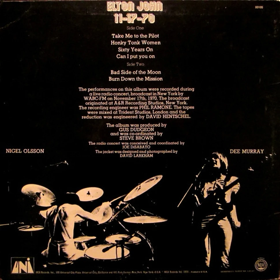 Elton John With Dee Murray And Nigel Olsson - 11-17-70 - Vinyl LP ...