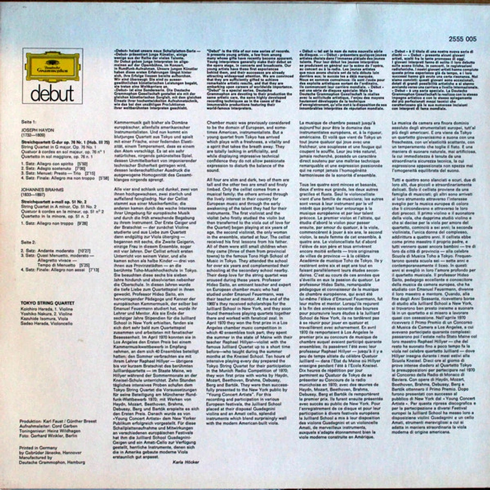 Tokyo String Quartet - Joseph Haydn / Johannes Brahms - Streichquartett G-dur Op. 76 Nr.1 ...