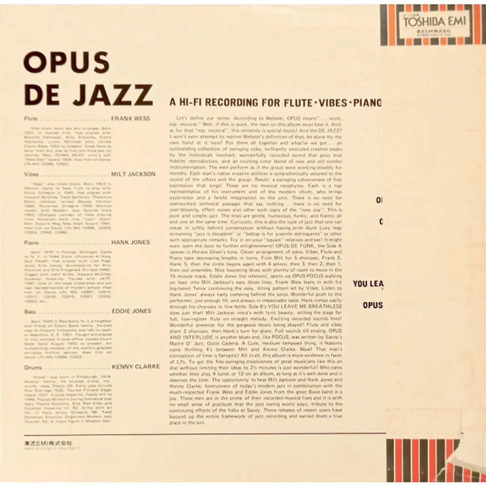 Milt Jackson, Frank Wess, Kenny Clarke, Hank Jones, Eddie Jones - Opus De Jazz - Vinyl LP - 1977 ...