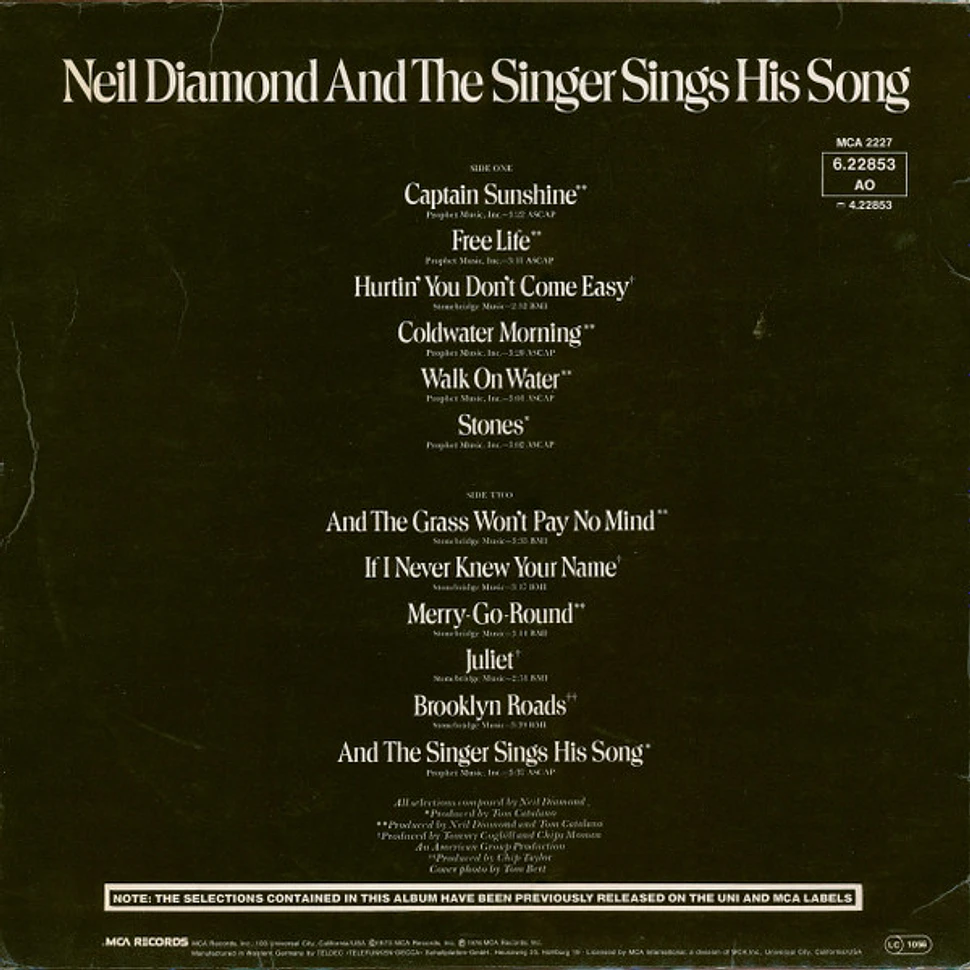 Neil Diamond - And The Singer Sings His Song - Vinyl LP - 1976 - DE ...