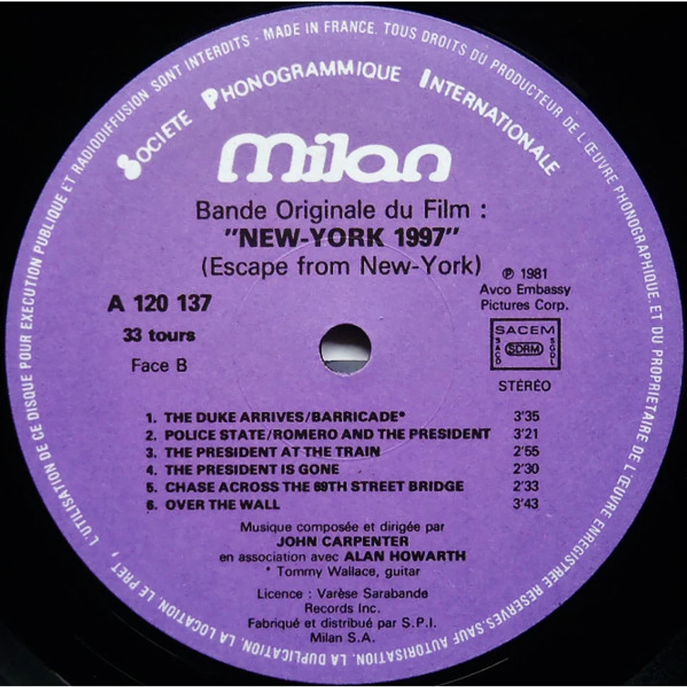 John Carpenter En Association Avec Alan Howarth - New-York 1997 OST ...