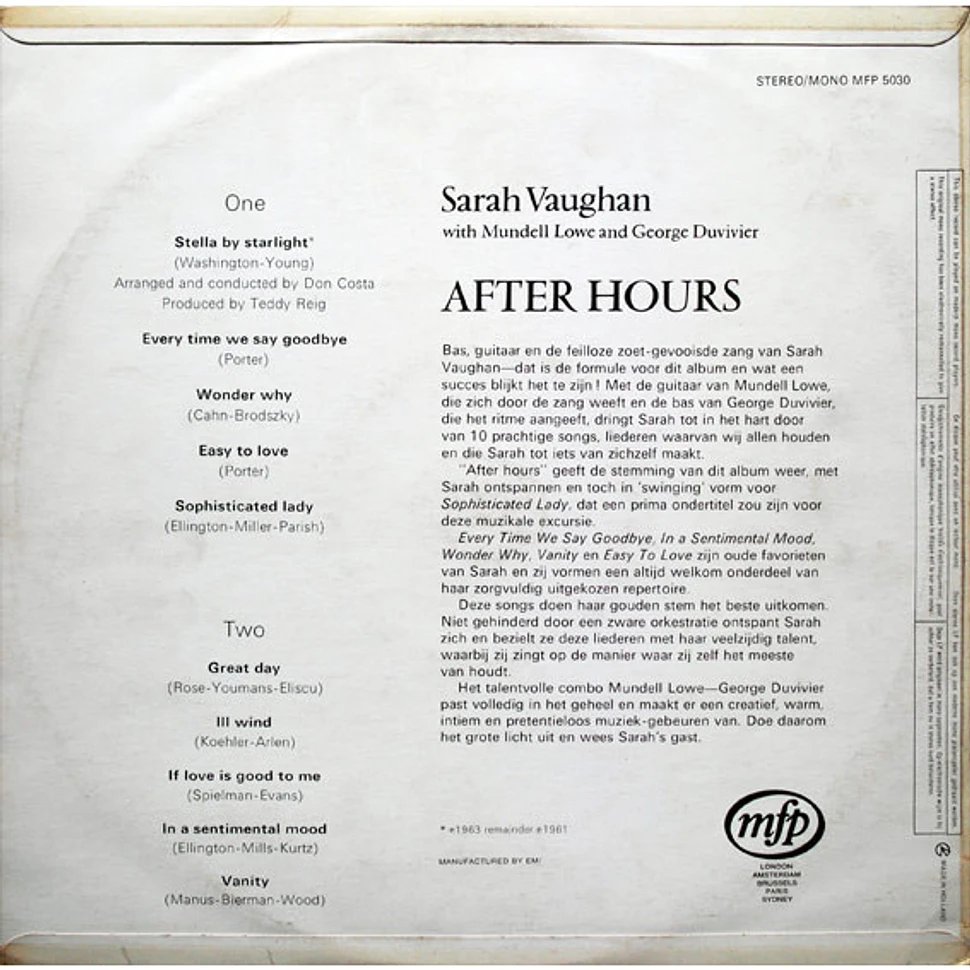Sarah Vaughan With Mundell Lowe And George Duvivier - After Hours ...