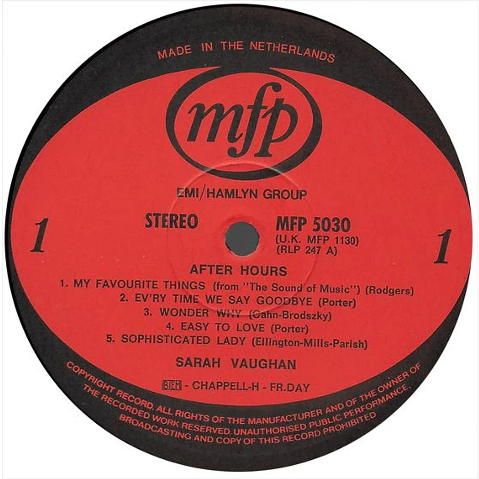 Sarah Vaughan With Mundell Lowe And George Duvivier - After Hours ...