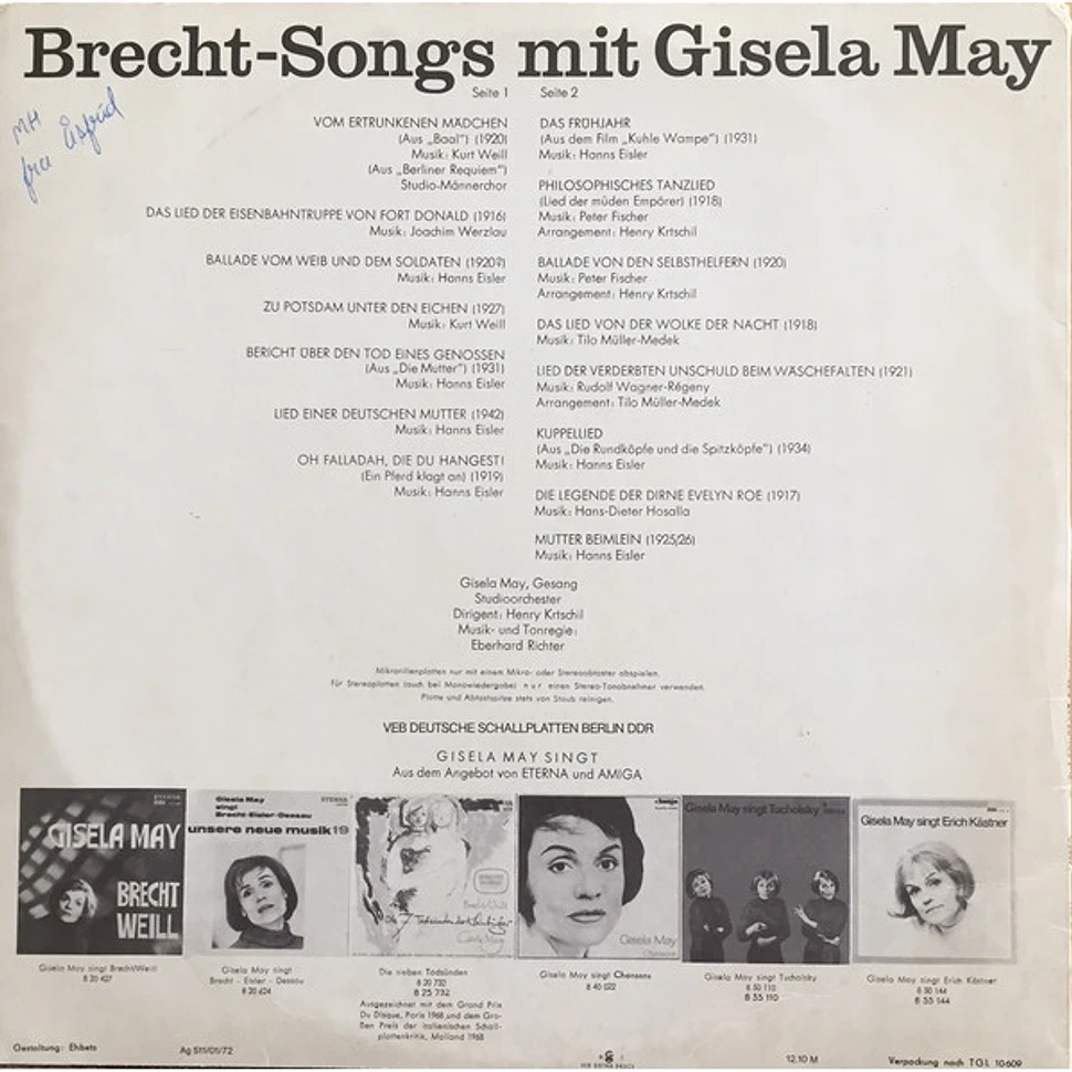 Bertolt Brecht, Gisela May - Brecht-Songs Mit Gisela May - Vinyl LP ...