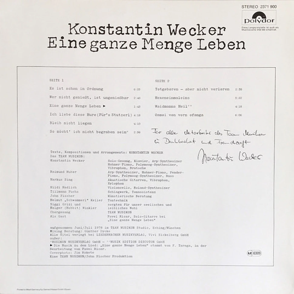 Konstantin Wecker - Eine Ganze Menge Leben - Vinyl LP - 1978 - DE ...